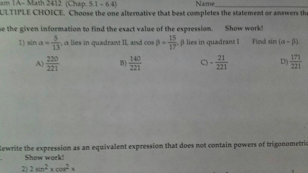 Solved Use the given information to find the exact value of | Chegg.com