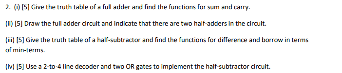 Solved 2. (i) [5] Give the truth table of a full adder and | Chegg.com