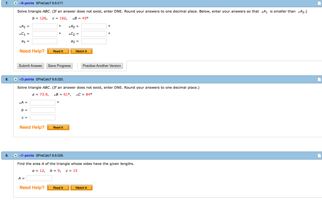 Solved 7. /6 points SPreCalc7 6.6.017 Solve triangle ABC. | Chegg.com