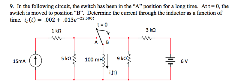 Solved 9. In the following circuit, the switch has been in | Chegg.com