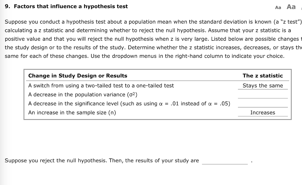 Solved 9 Factors That Influence A Hypothesis Test Aa Aa