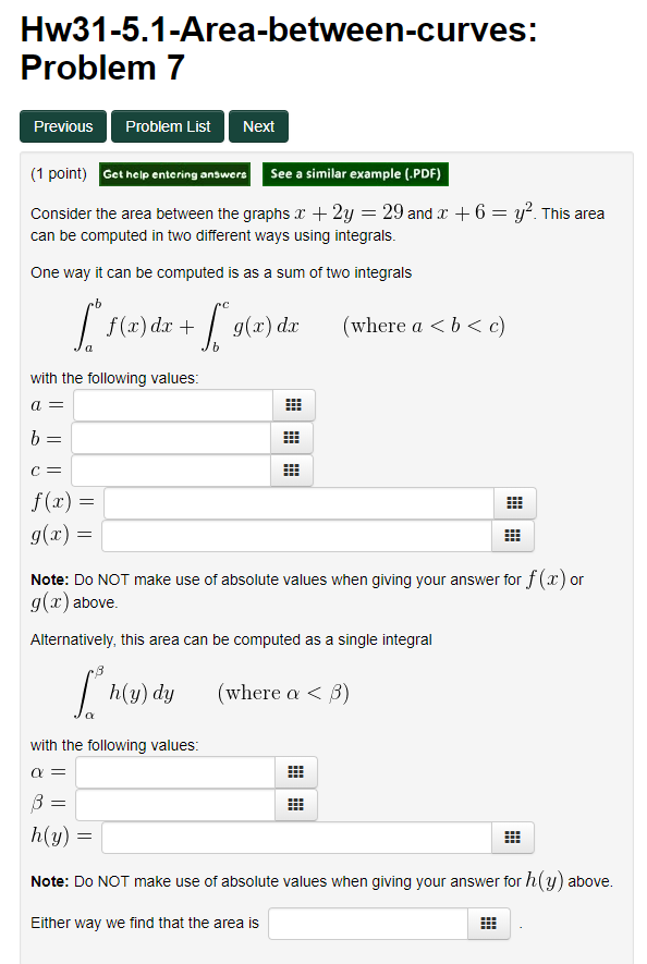 Solved Hw31-5.1-Area-between-curves: Problem 7 Previous | Chegg.com