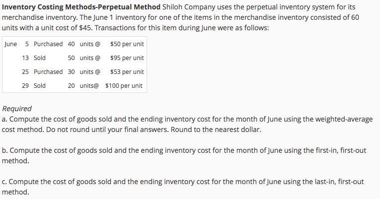 Solved Inventory Costing Methods-Perpetual Method Shiloh | Chegg.com