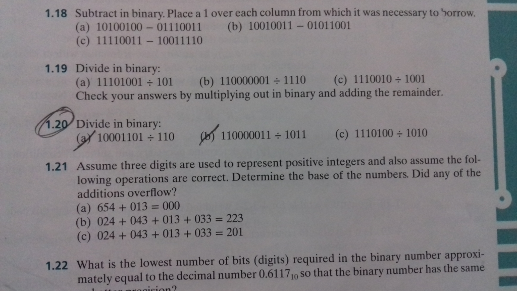 Solved Subtract in binary. Place a 1 over each column from | Chegg.com