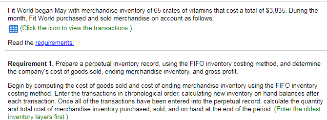 Fit World began May with merchandise inventory of 65 | Chegg.com