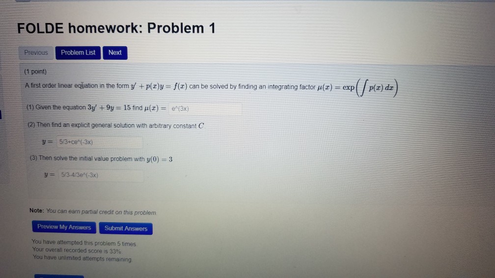 Solved FOLDE homework: Problem 1 Previous (1 point) A first | Chegg.com