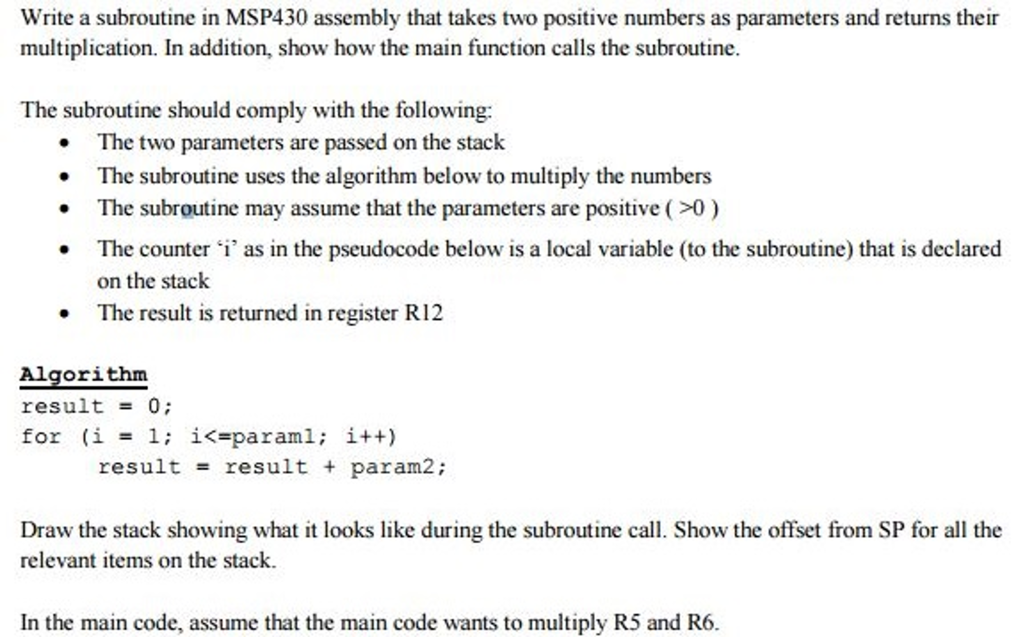 Write a subroutine in MSP430 assembly that takes two | Chegg.com