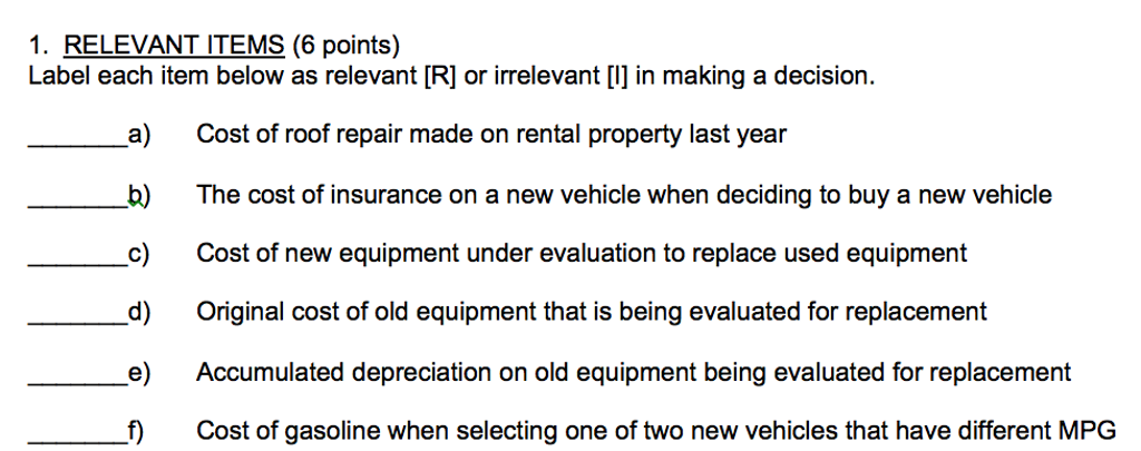 Solved Label each item below as relevant [R] or irrelevant | Chegg.com