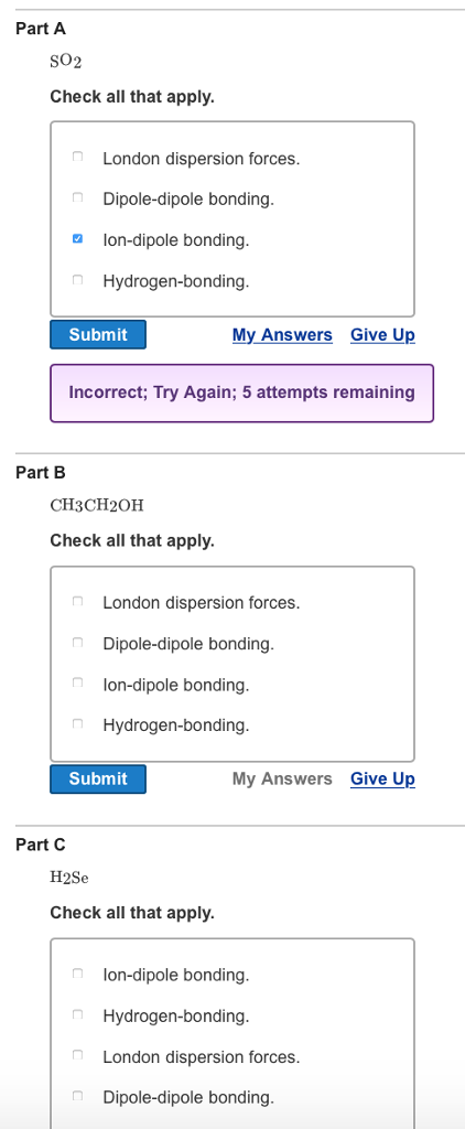 Solved SO2 Check all that apply. London dispersion forces. | Chegg.com
