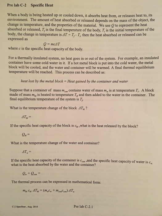 Solved Pre lab C-2 Specific Heat When a body is being heated | Chegg.com