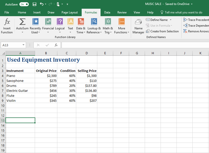 Solved MUSIC SALE- Saved to OneDrive Autosave Formulas | Chegg.com