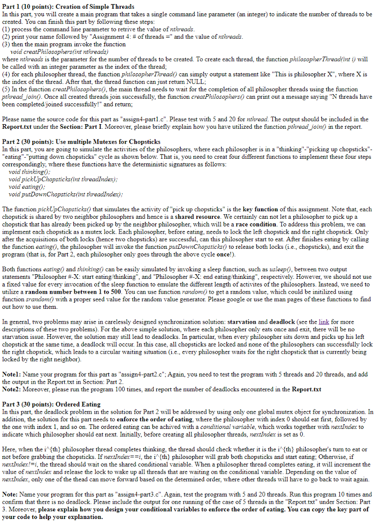 Part 1 (10 points): Creation of Simple Threads In | Chegg.com