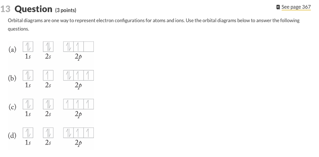 Solved 13 Question (3 points a See page 367 Orbital diagrams | Chegg.com Solved 13 Question (3 points a See page 367 Orbital diagrams | Chegg.com