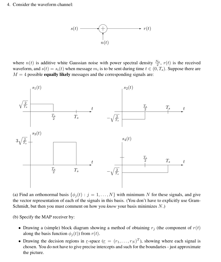 4. Consider the waveform channel: s(t) r(t) n(t) | Chegg.com