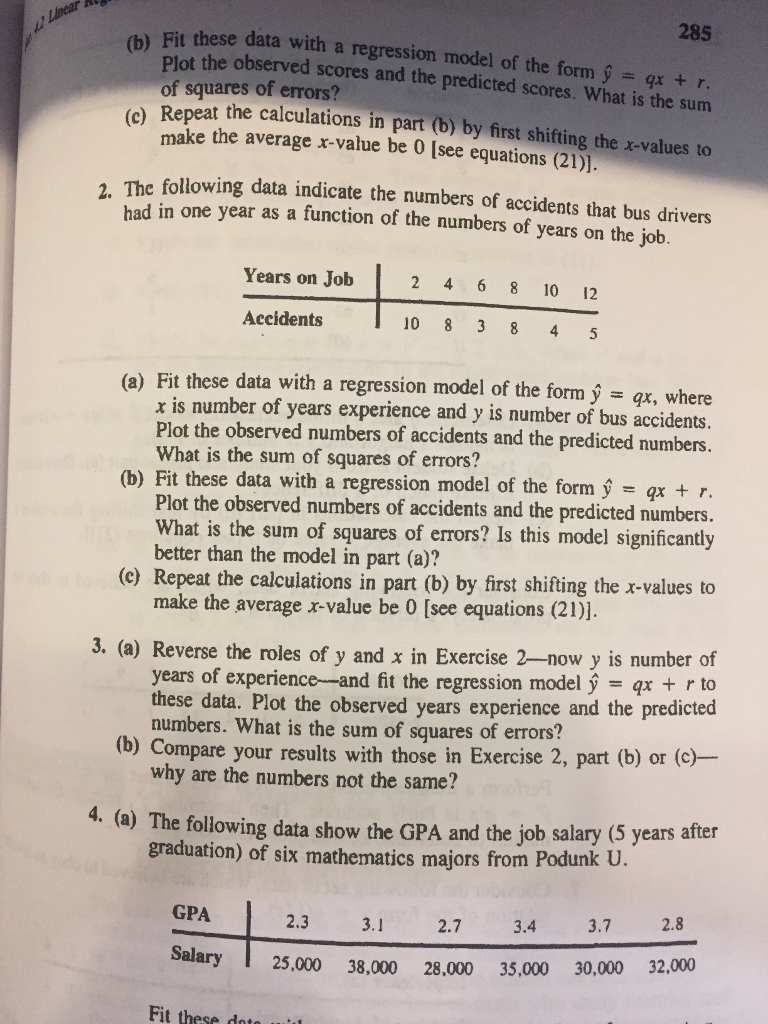 Solved 285 b) Fit these data with a regression model of the | Chegg.com
