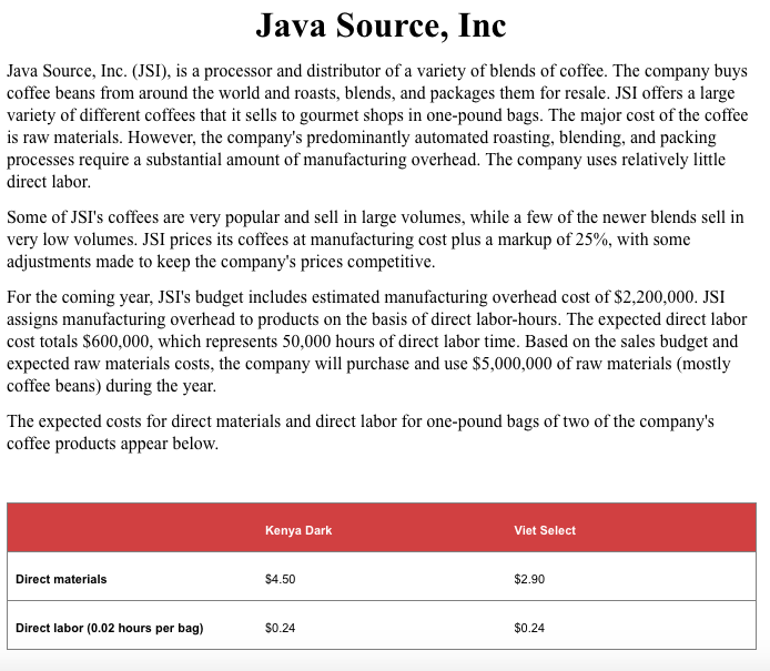 Solved Java Source, Inc Java Source, Inc. (JSI), is a | Chegg.com