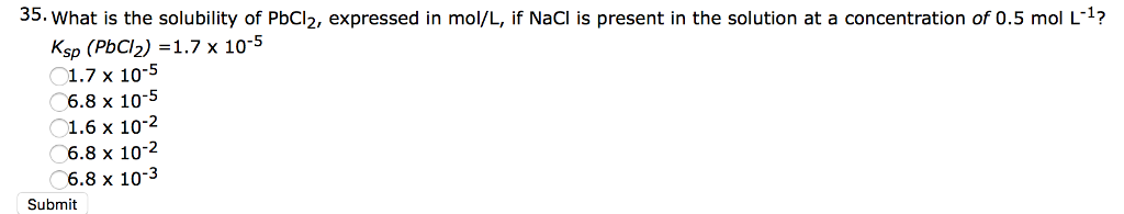 Solved What is the solubility of PbCl_2, expressed in mol/L, | Chegg.com