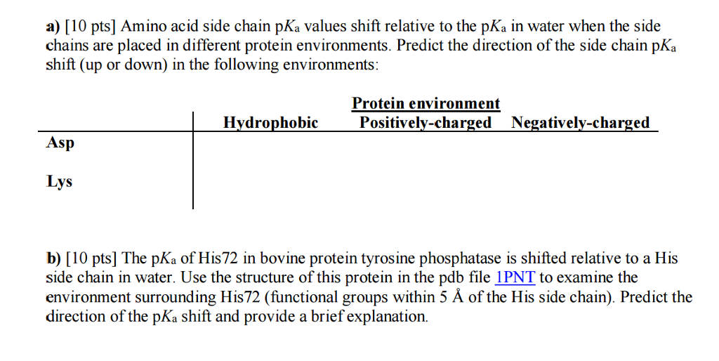 Solved a) [10 pts] Amino acid side chain pKa values shift | Chegg.com