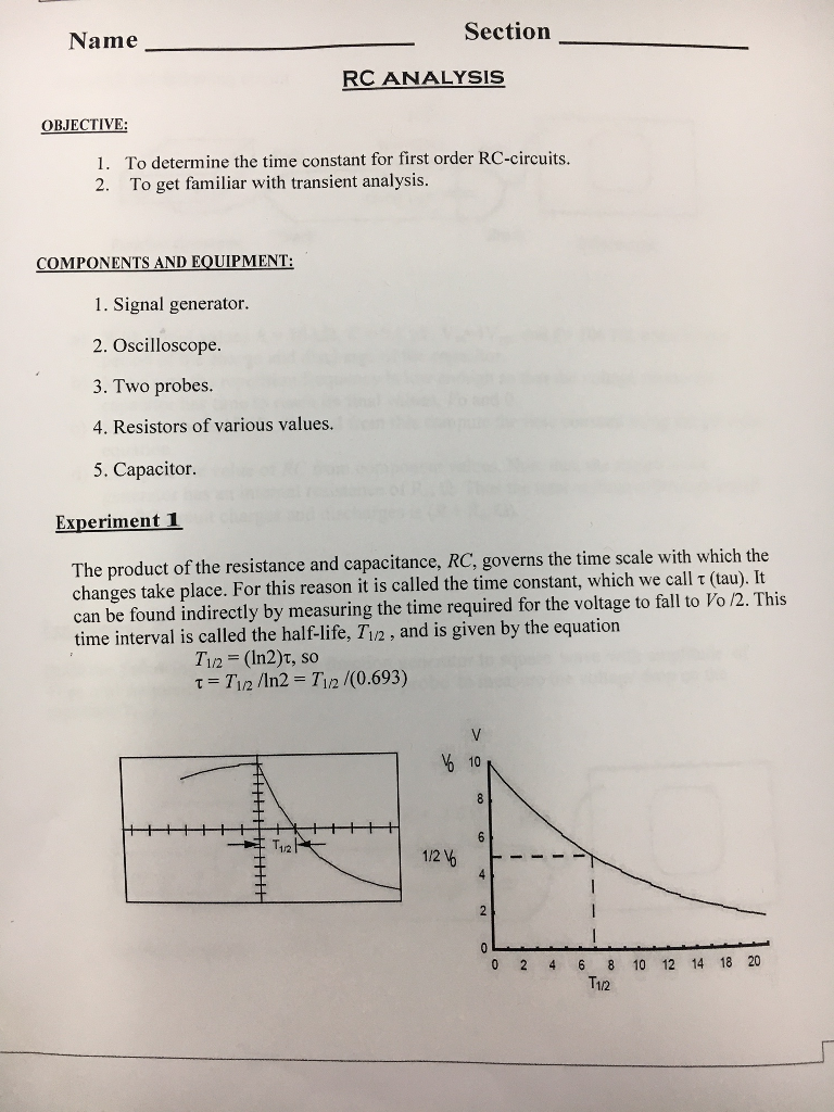 Solved Name Section RC ANALYSIS OBJECTIVE: 1. 2. To | Chegg.com