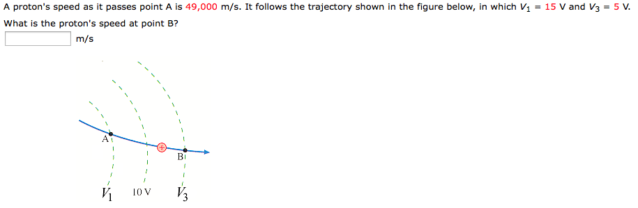 Solved A proton's speed as it passes point A is 49,000 m/s. | Chegg.com