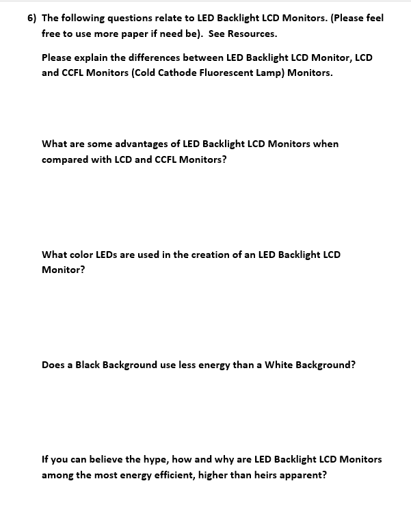 Solved The following question s relate to LED Backlight LCD | Chegg.com