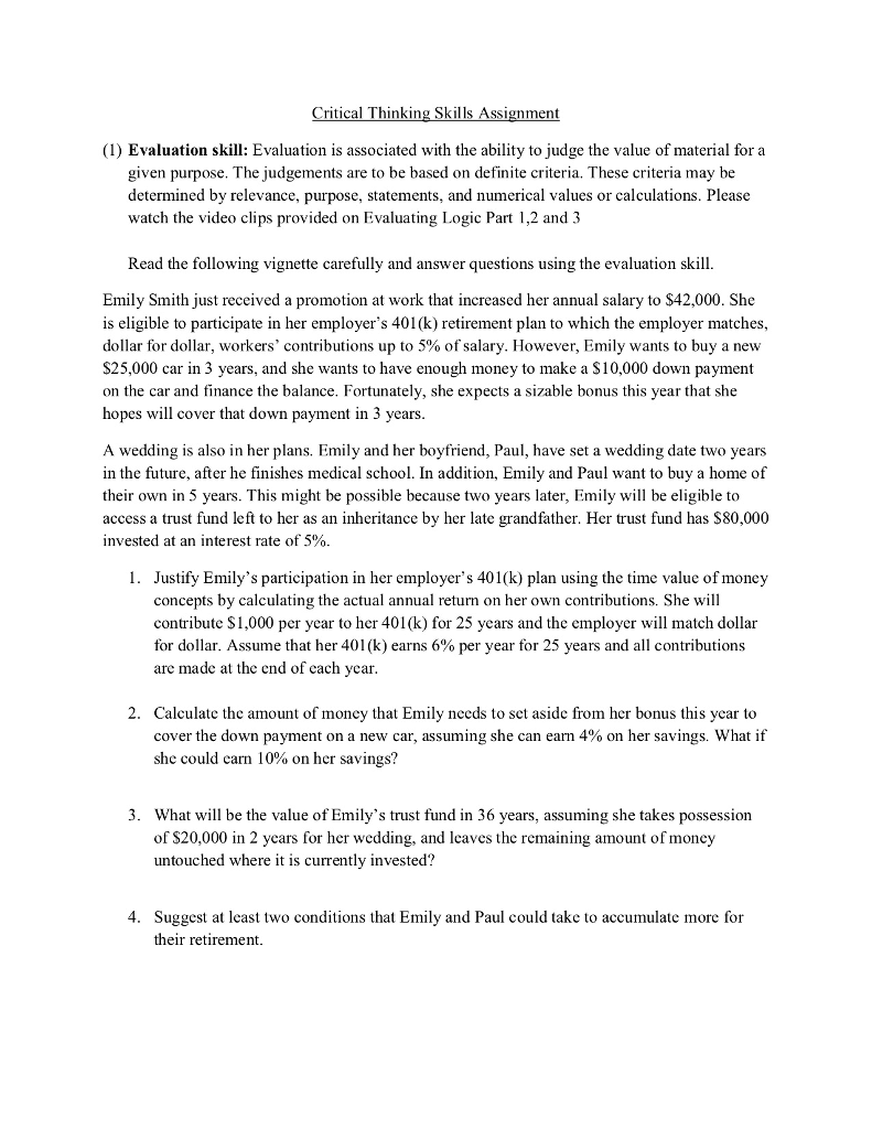 Solved tical Thinking Skills Assignment (1) Evaluation | Chegg.com