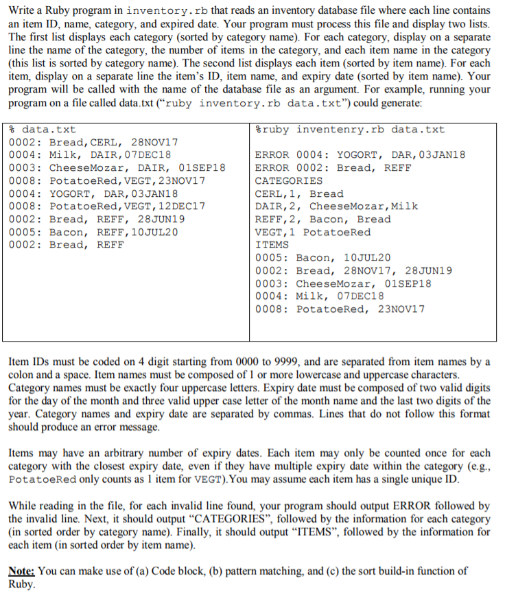 Write a Ruby program in inventory.rb that reads an | Chegg.com