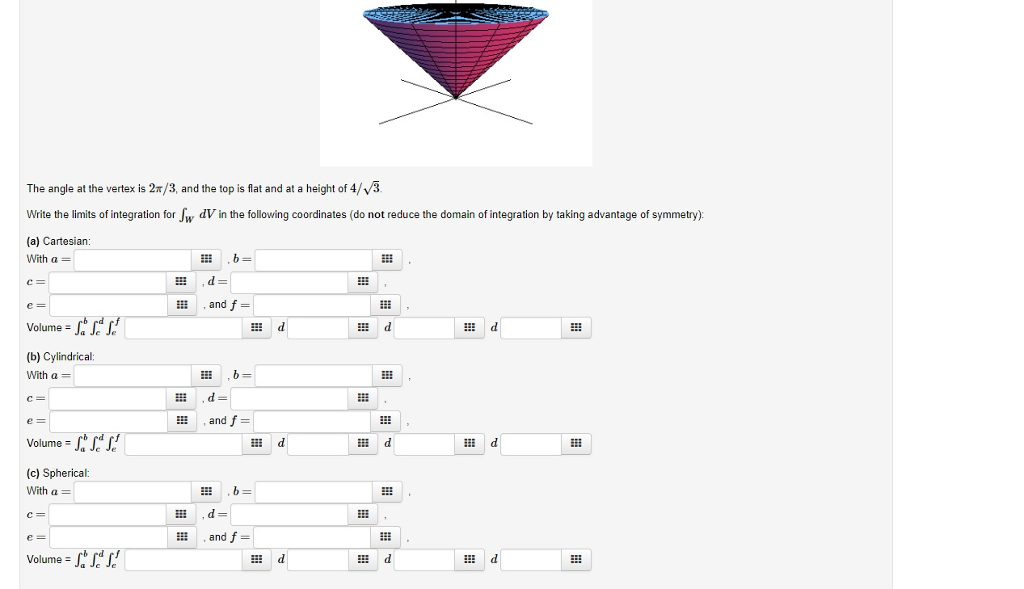 Solved The angle at the vertex is 2π/3, and the top is flat | Chegg.com