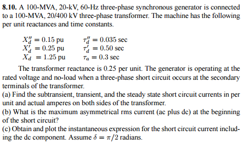 Solved A 100-MVA, 20-kV, 60-Hz three-phase synchronous | Chegg.com