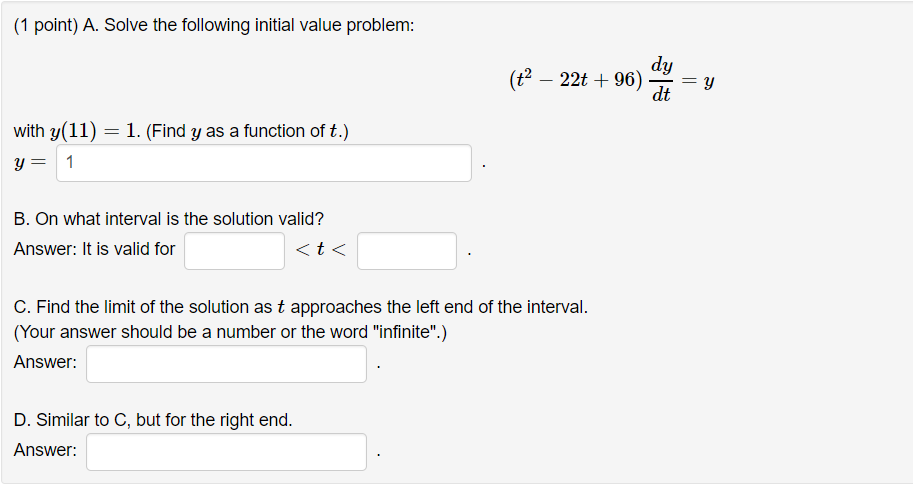 Solved (1 point) A. Solve the following initial value | Chegg.com
