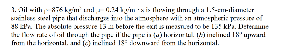 Solved 3. Oil with ρ-876 kg/m" and μ= 0.24 kg/m , s is | Chegg.com