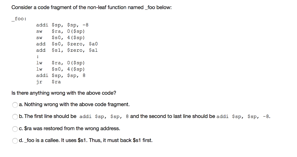 Solved Consider A Code Fragment Of The Non Leaf Function 7912