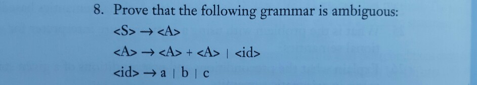 Solved 8. Prove that the following grammar is ambiguous: | Chegg.com