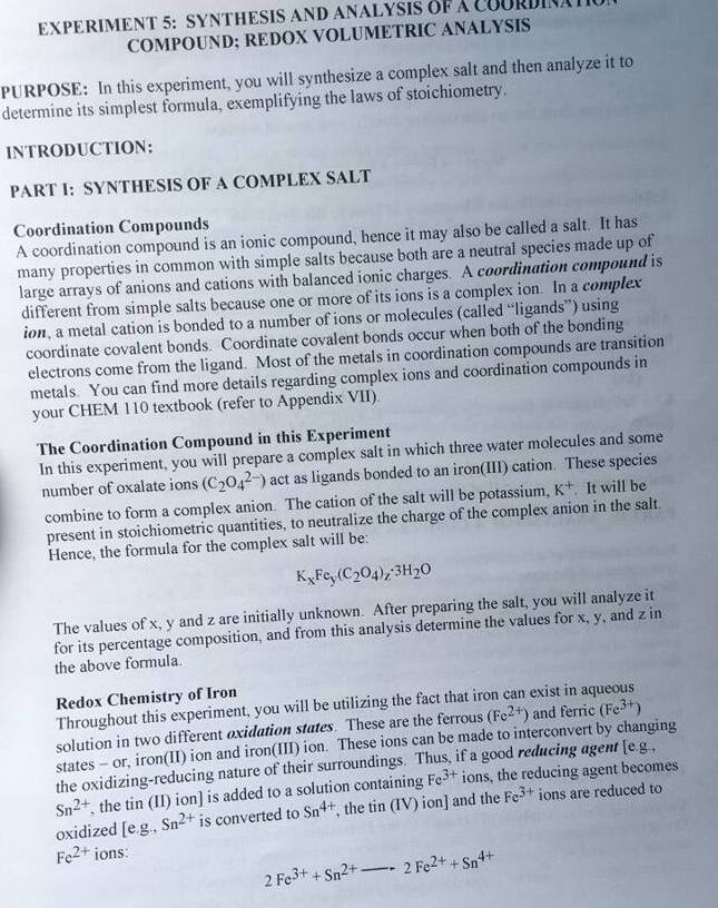 Solved Part I - Synthesis of Complex Salt A) For Part I, | Chegg.com