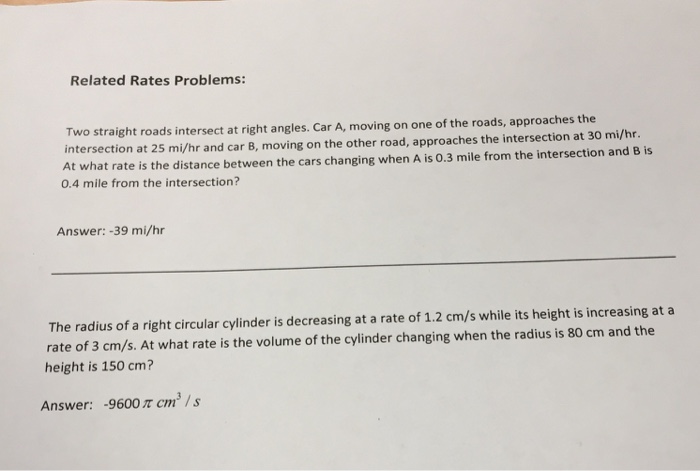 Solved Related Rates Problems: Two straight roads intersect | Chegg.com