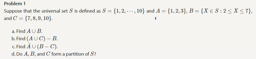 Solved Problem 1 suppose that the universal set s is defined | Chegg.com