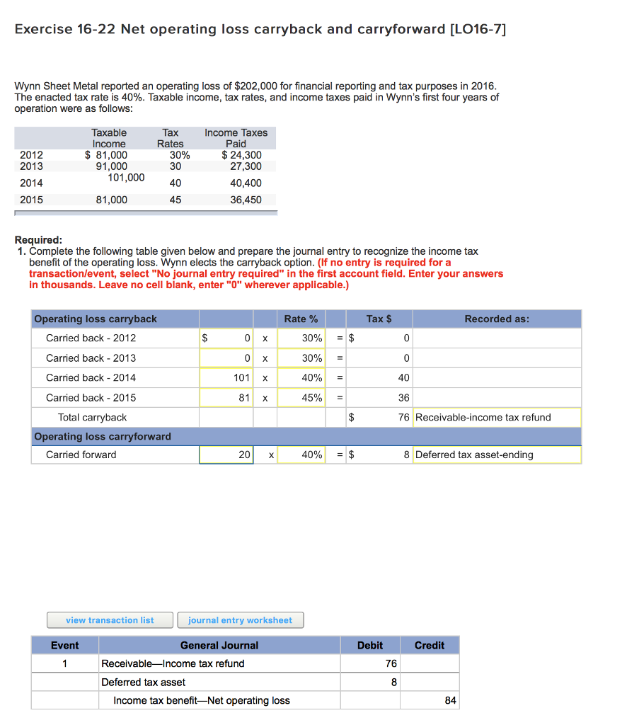 Solved Exercise 16-22 Net operating loss carryback and | Chegg.com