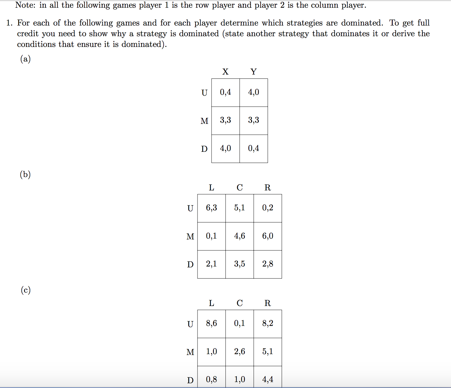 Solved Note: in all the following games player 1 is the row | Chegg.com