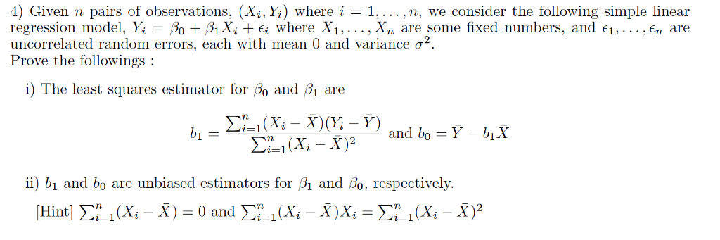 Solved 4 Given N Pairs Of Observations Xi Yi Where I 1