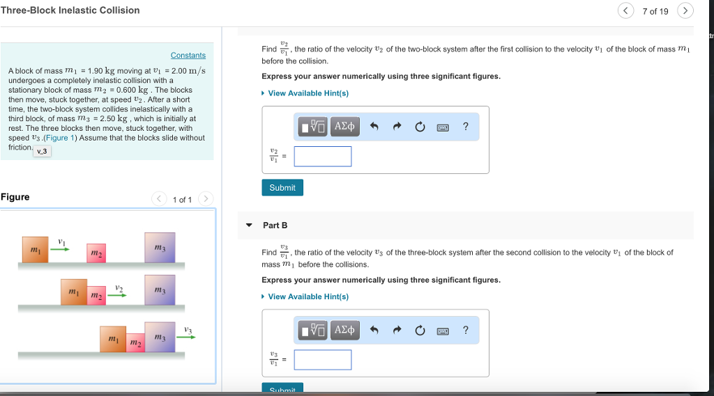 Solved Three-Block Inelastic Collision 70119 〉 02 Find , the | Chegg.com