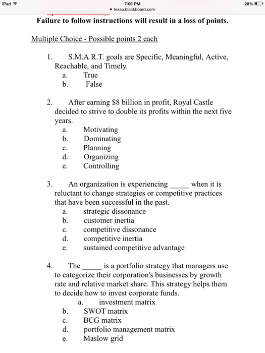 Solved iPad令 7:06 PM 28% Failure to follow instructions will | Chegg.com