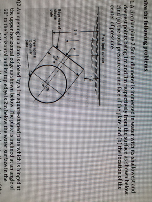 Solved A circular plate 2.5m in diameter is immersed in | Chegg.com