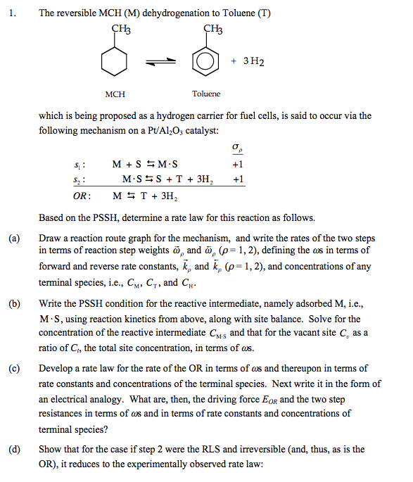 1.The reversible MCH (M) dehydrogenation to Toluene | Chegg.com