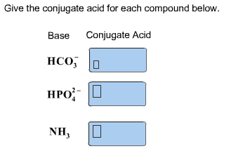 Solved Give the conjugate acid for each compound below Base | Chegg.com