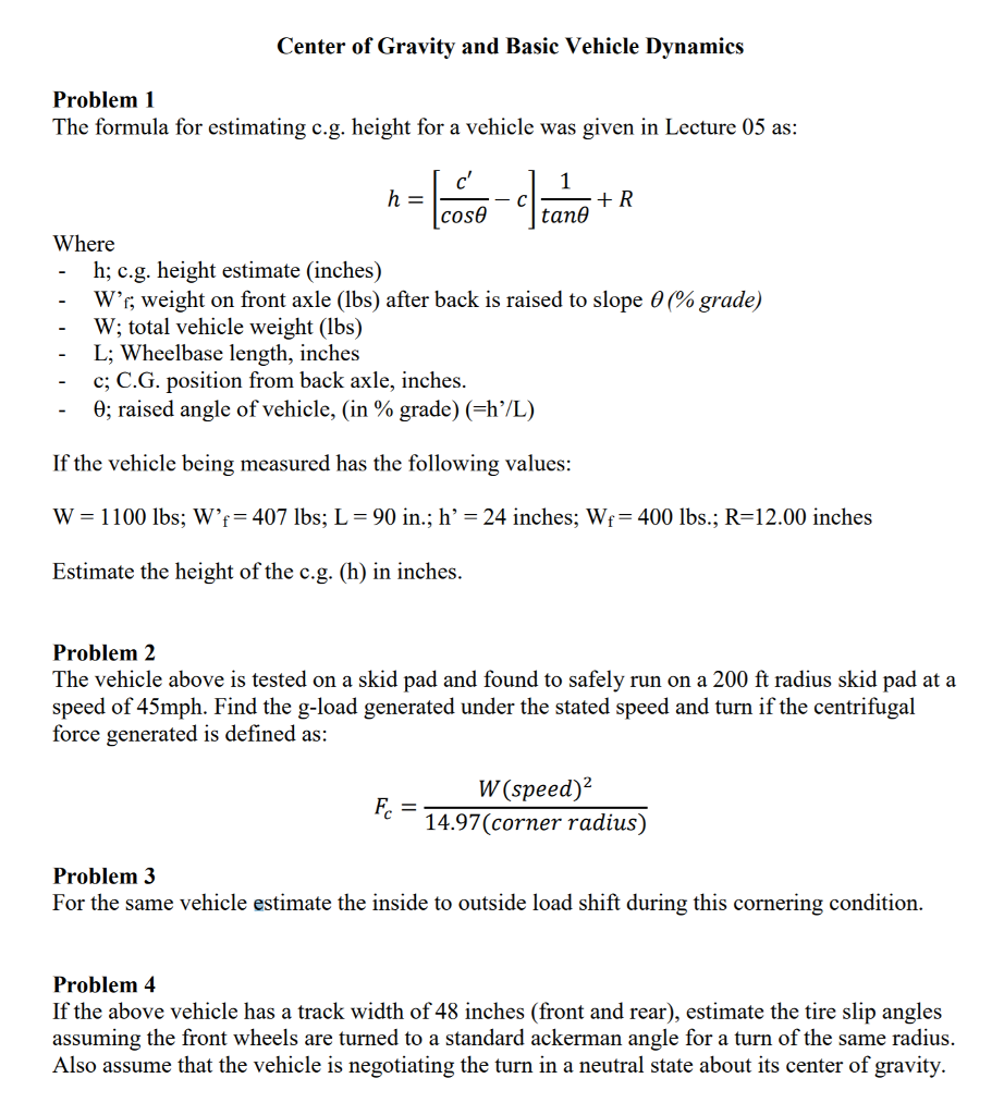 Solved Center of Gravity and Basic Vehicle Dynamics Problem | Chegg.com