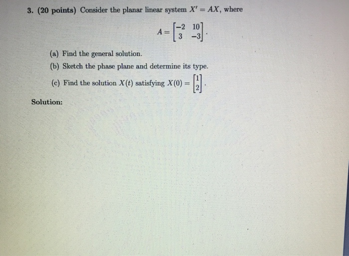 Solved Consider the planar linear system X' = AX, where A = | Chegg.com