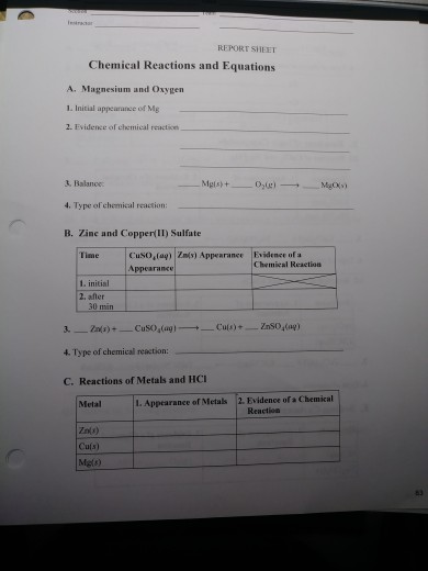 Solved REPORT SHEET Chemical Reactions and Equations A. | Chegg.com