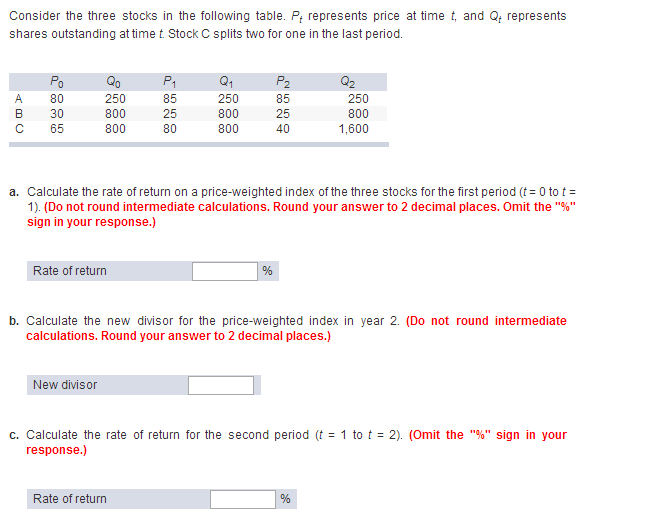 Solved Consider the three stocks in the following table. P_t | Chegg.com