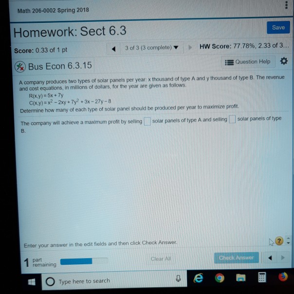Solved Math 206-0002 Spring 2018 Homework: Sect 6.3 Save | Chegg.com