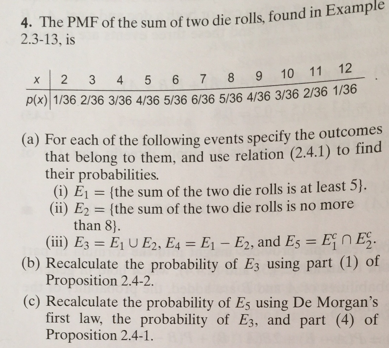 Solved The PMF of the sum of two die rolls, found in Example | Chegg.com